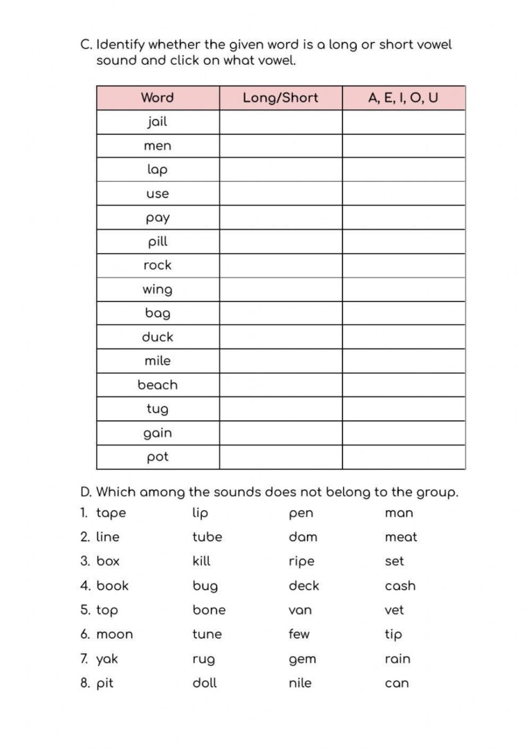 Printable Long And Short Vowel Sounds Worksheets - easyworksheetprint.com
