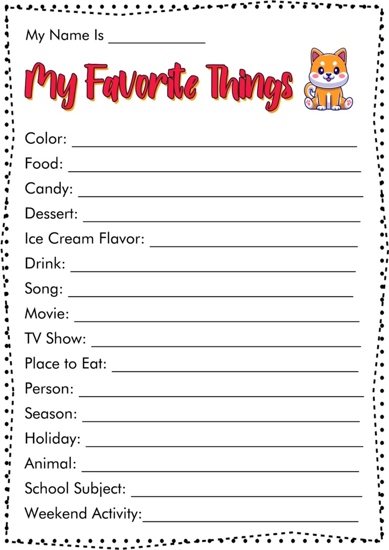 Free Printable My Favorite Things Worksheet - easyworksheetprint.com